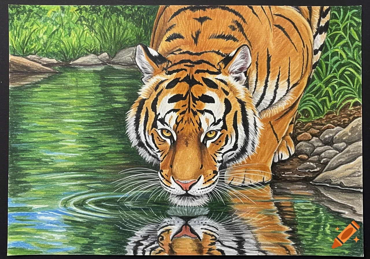 Drawing of a tiger drinking water from a river, with its reflection ...