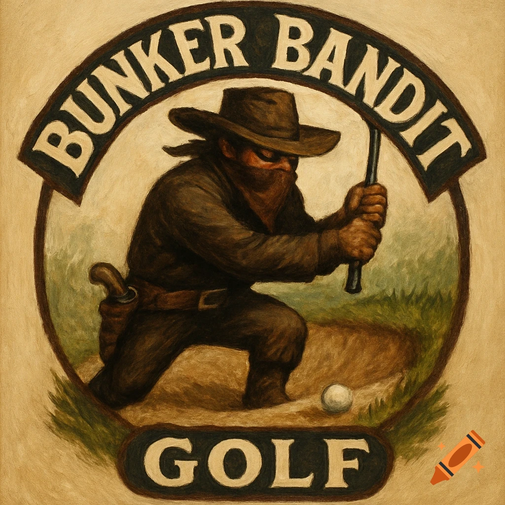 Painted logo of a masked figure in cowboy hat swinging a golf club in a ...