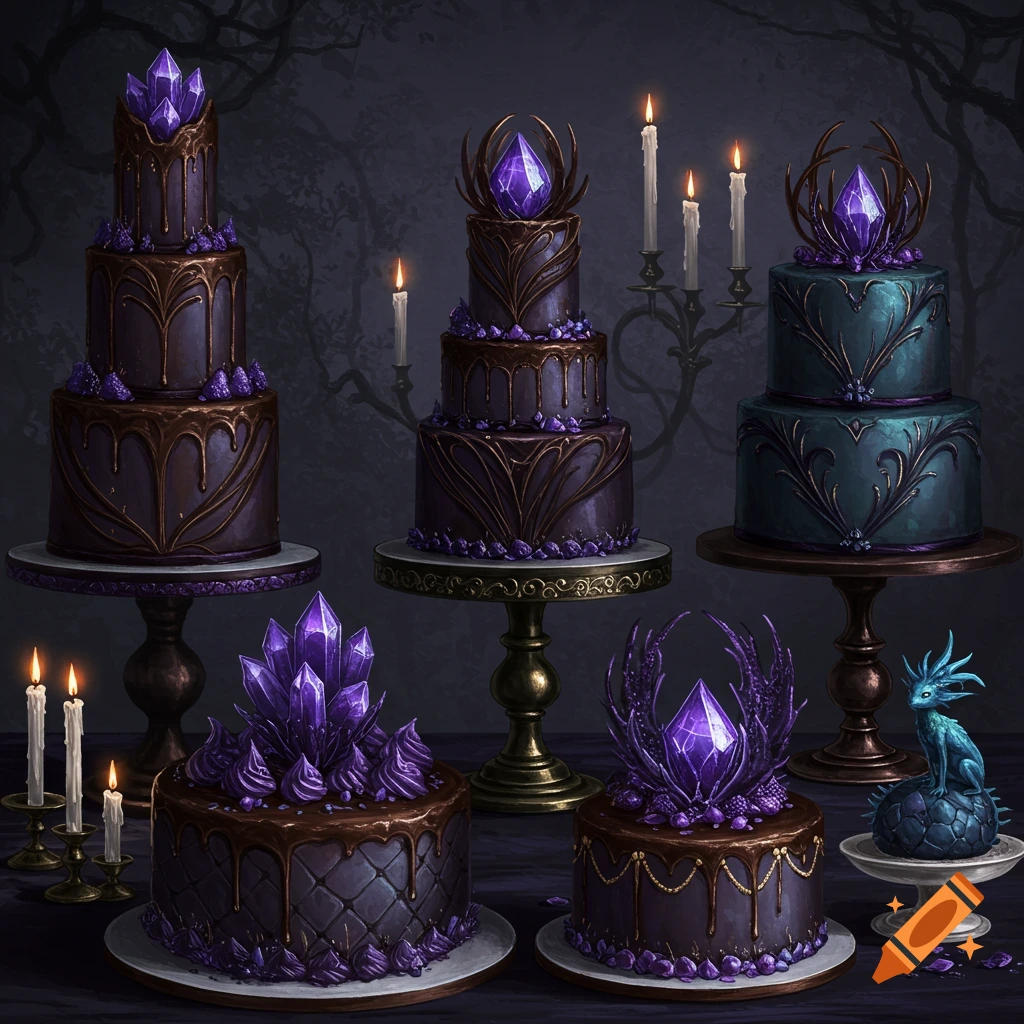 Elaborate fantasy cakes decorated with purple crystals and chocolate ...
