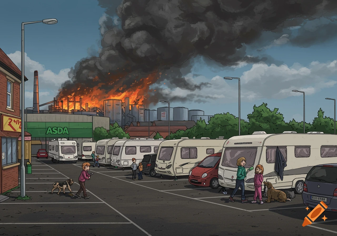 Illustrated scene of a factory fire with smoke above a caravan park and ...