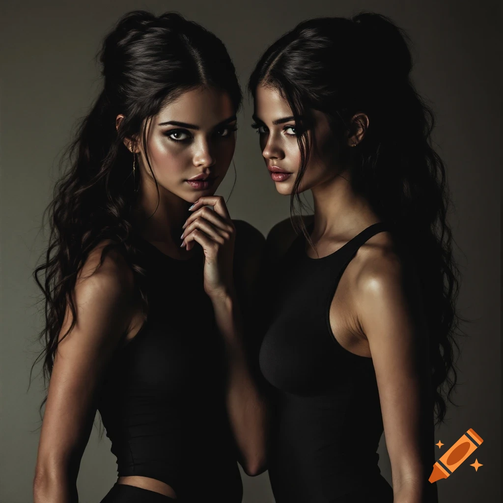 Photorealistic portrait of two women merged into one body, posing in ...