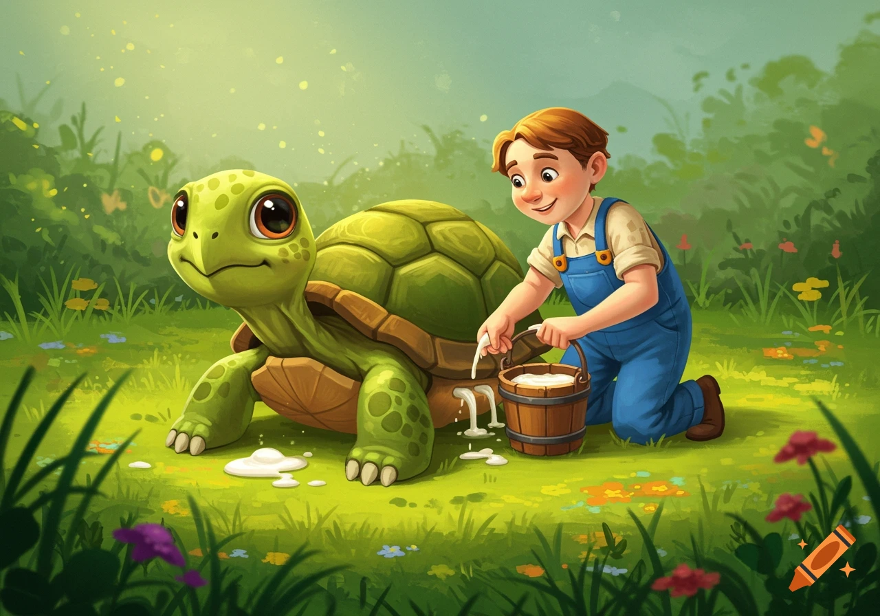 Cartoon boy milks a cute baby turtle into a bucket in a whimsical ...