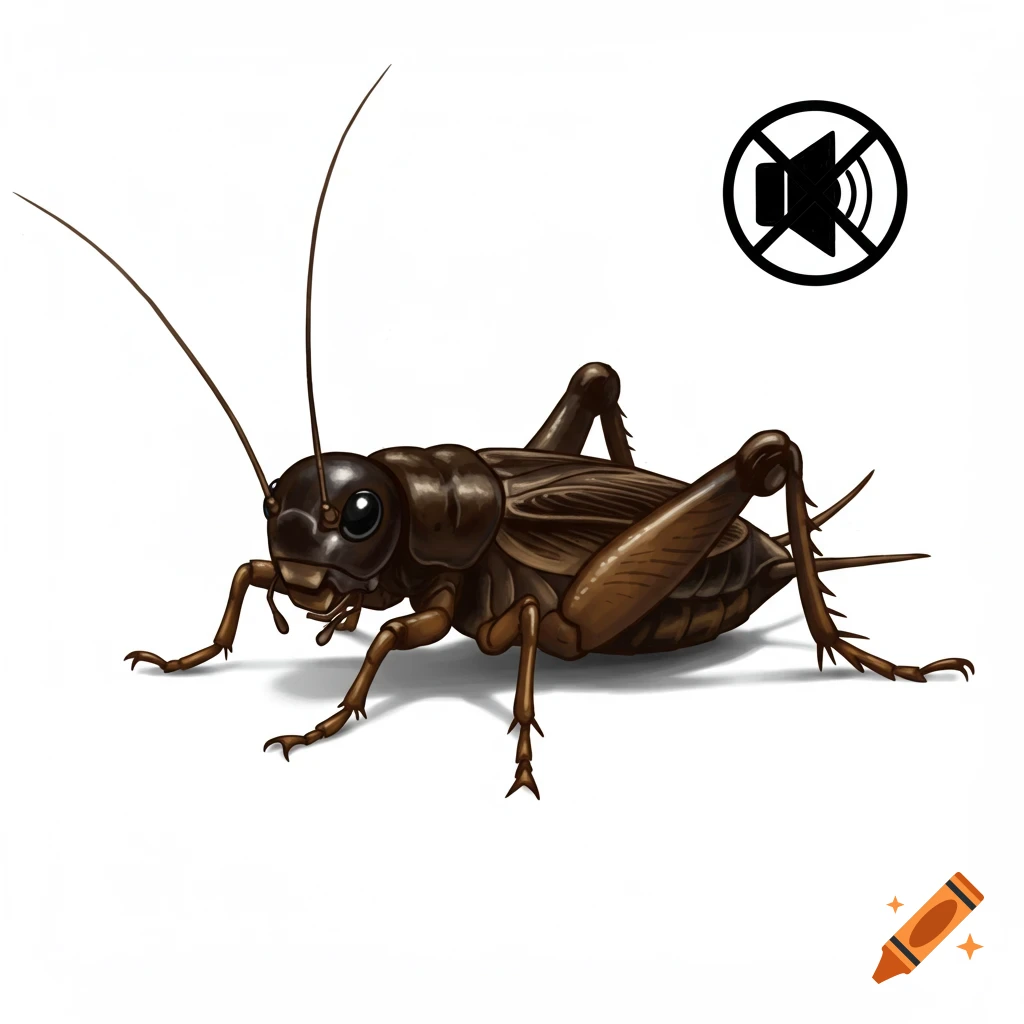 An illustration of a cricket with a mute icon in the corner. on Craiyon