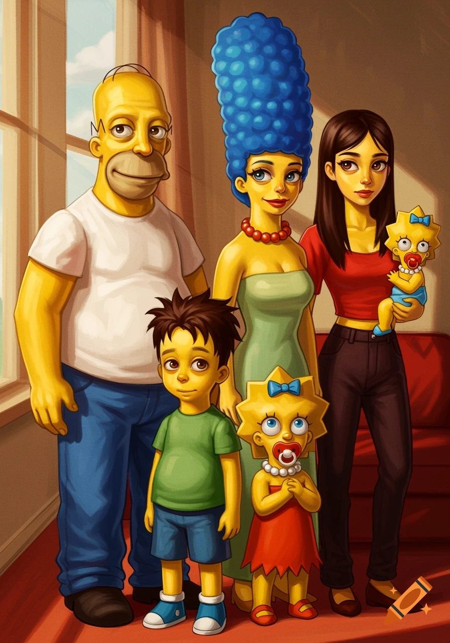 The Simpsons family rendered as realistic humans in a group portrait ...