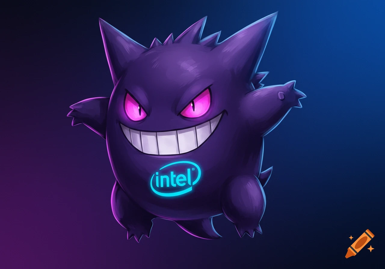 A purple Gengar character with a bright blue Intel logo on its chest ...