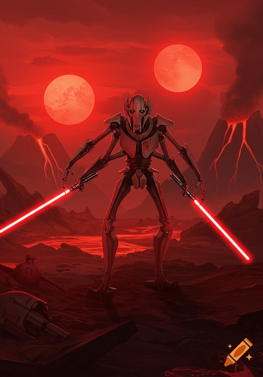General Grievous stands on a volcanic planet under red moons, holding ...