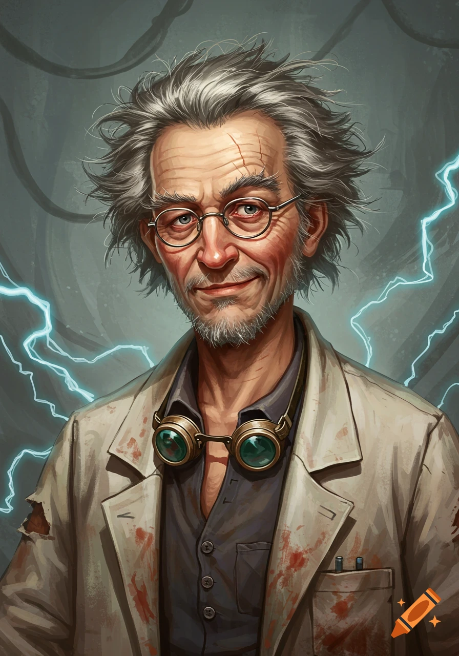 Stylized portrait of a mad scientist with messy grey hair, glasses ...