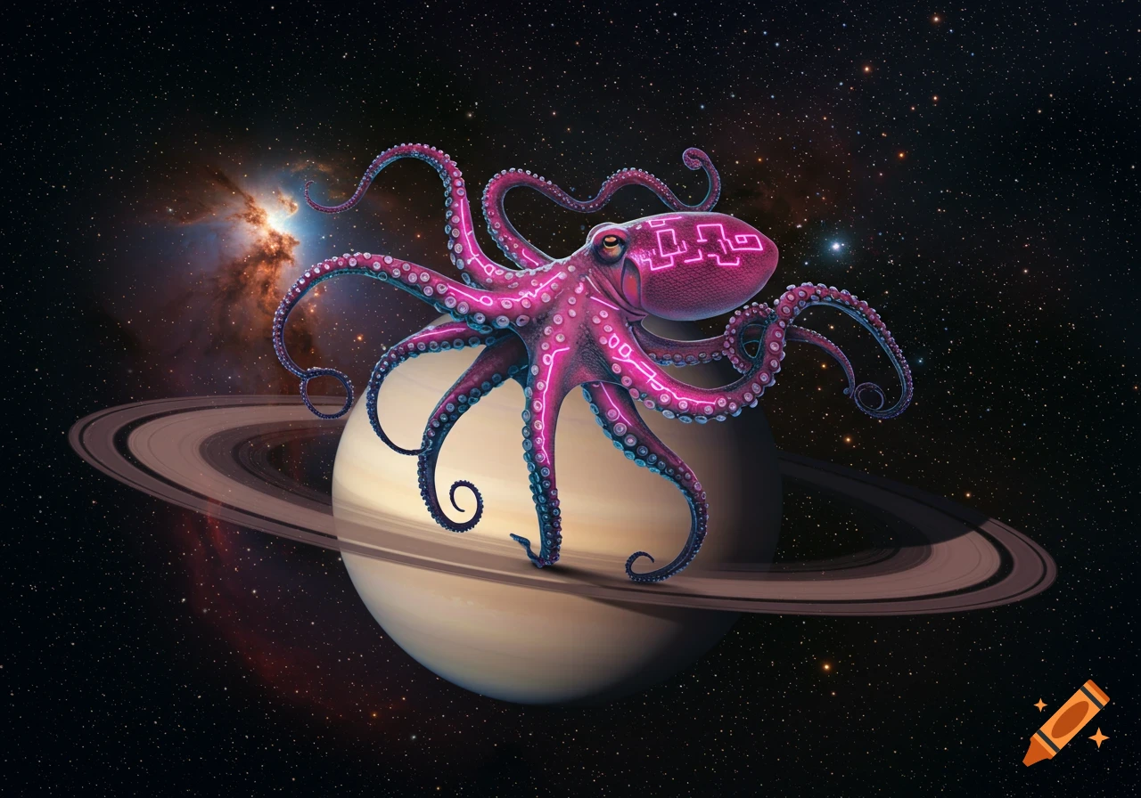 A pink glowing octopus dances on Saturn's rings in space. on Craiyon