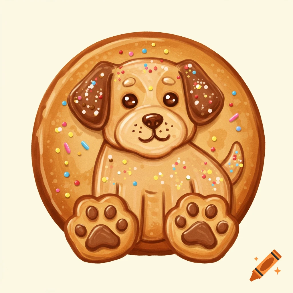 Cartoon dog-shaped cookie with colorful sprinkles on Craiyon