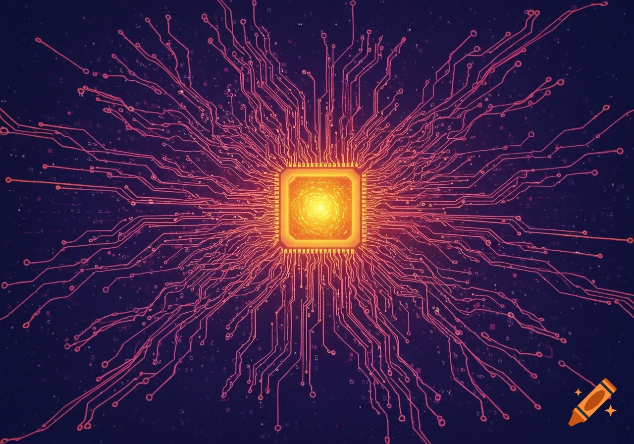 An abstract digital illustration of a glowing CPU core with intricate ...