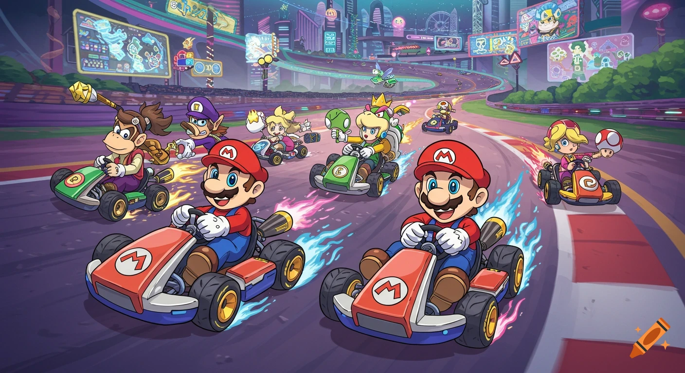 Mario and other Mario Kart characters race karts on a futuristic city ...