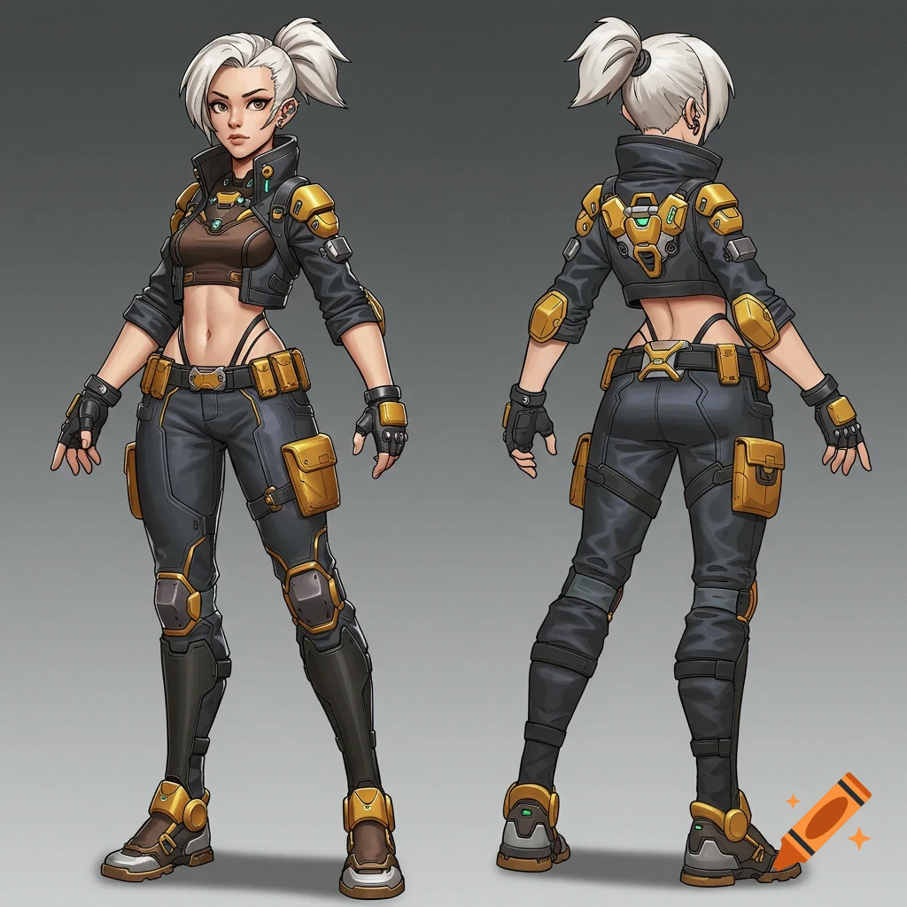 Character design of a female fighter in cyberpunk gear, front and back ...