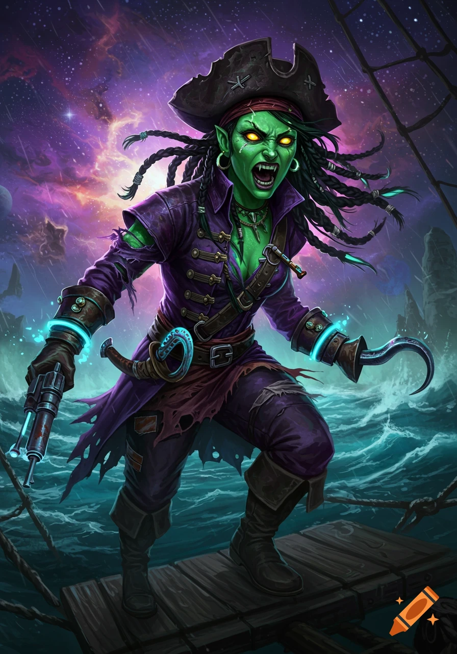 Angry green-skinned alien pirate woman with a hook hand and pistol on a ...