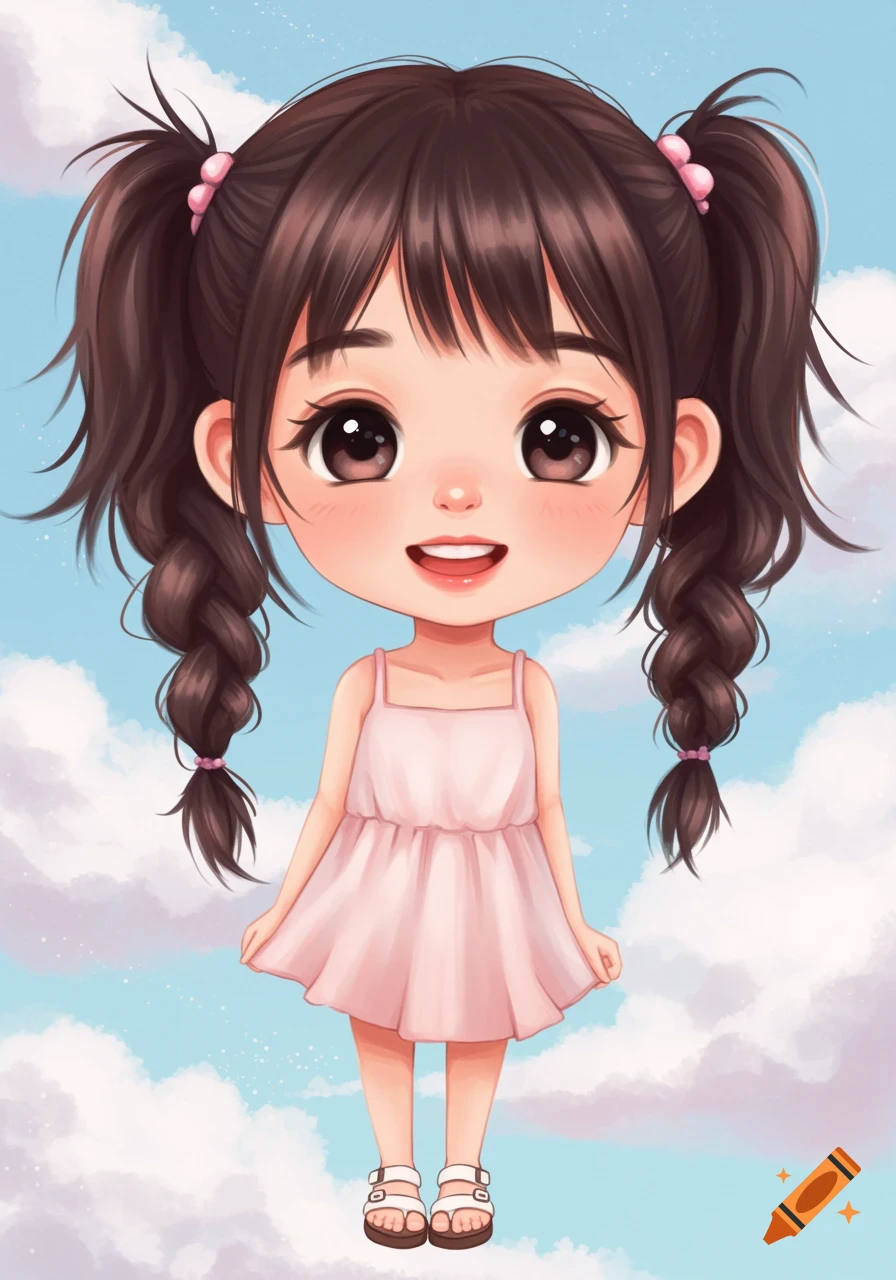Chibi anime girl with pigtails and a pink dress floating in a cloudy ...