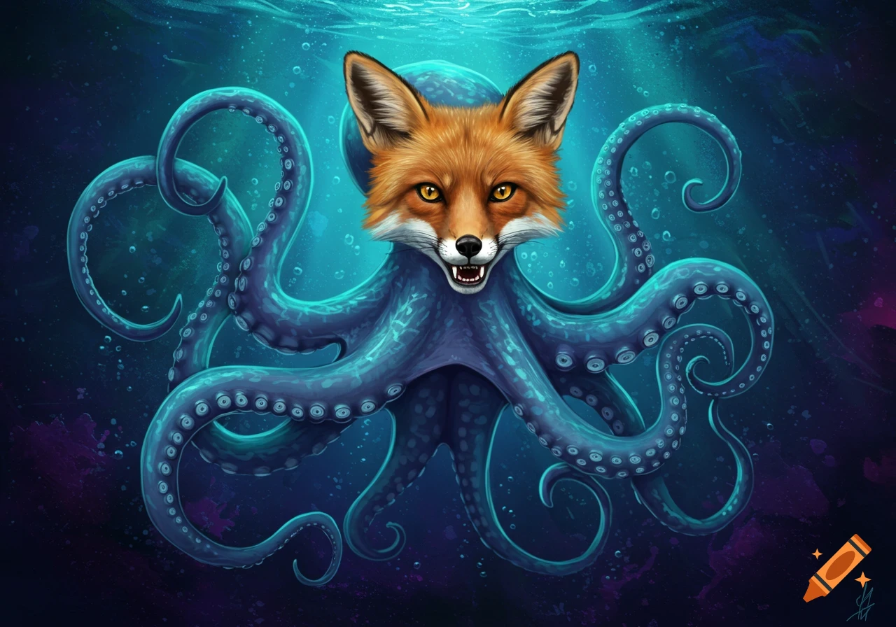 A fantasy illustration of a fox head on an octopus body underwater. on ...