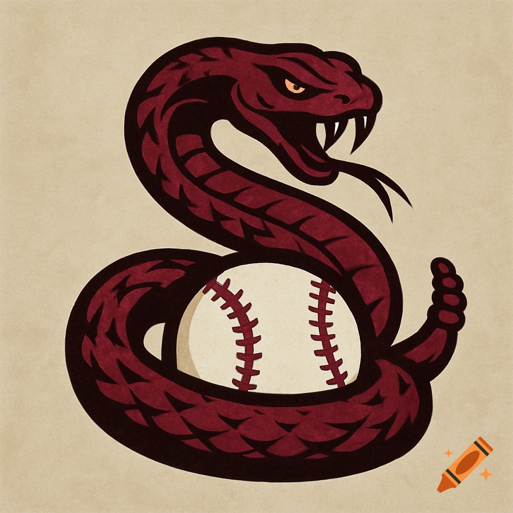 Logo of a maroon snake coiled around a baseball on Craiyon