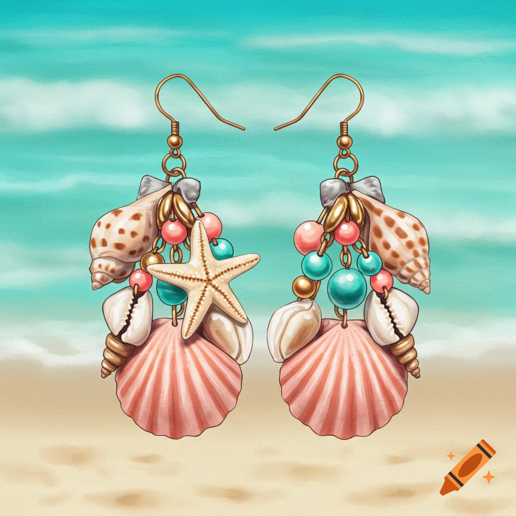 A pair of ornate beach-themed earrings with shells, beads, and a ...