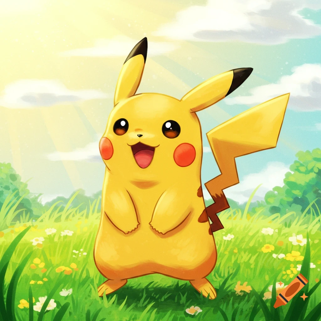 Illustration of Pikachu smiling in a sunny field of grass and flowers ...
