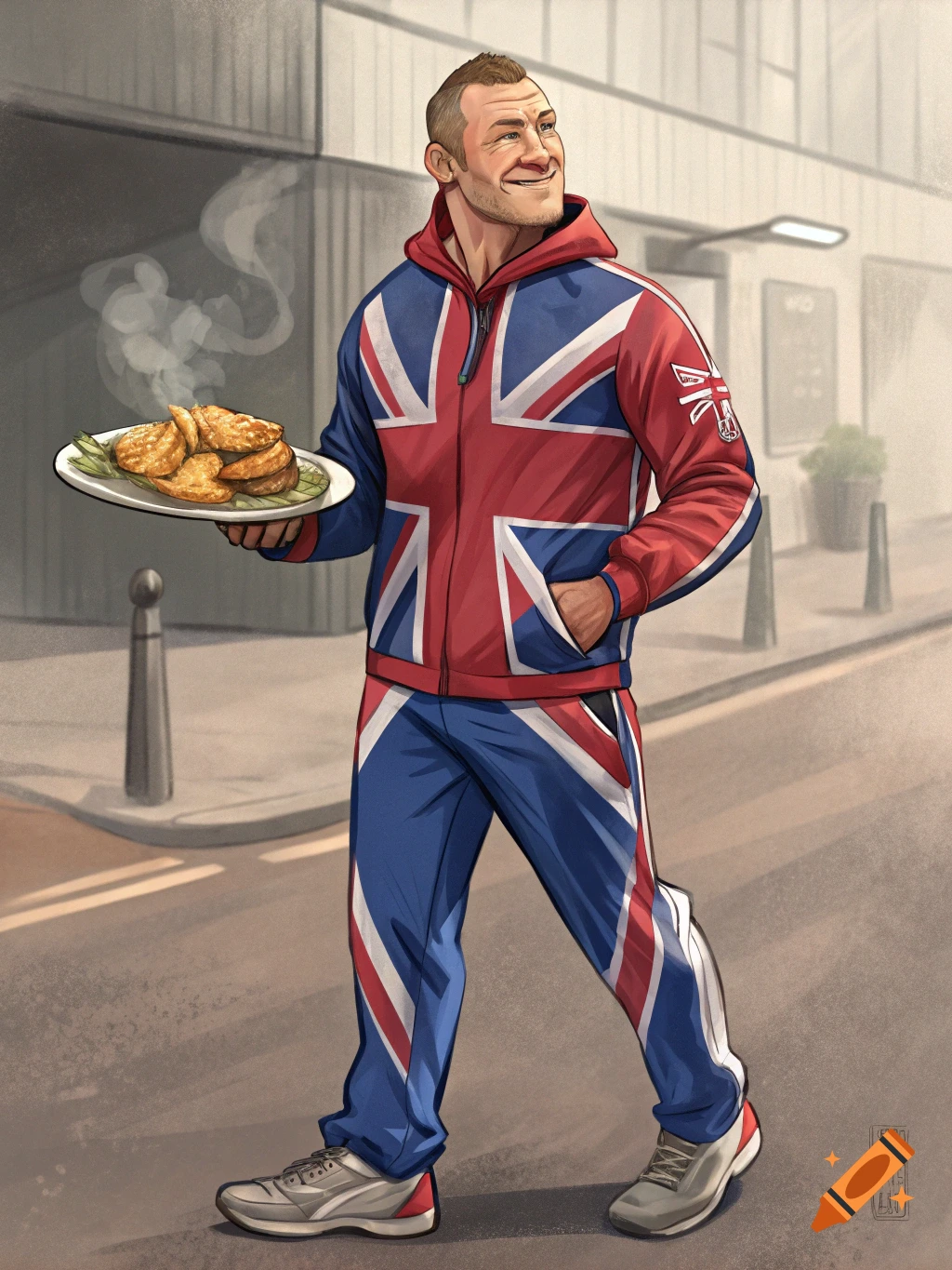 Illustration of a man in a UK flag tracksuit holding a plate of food on ...