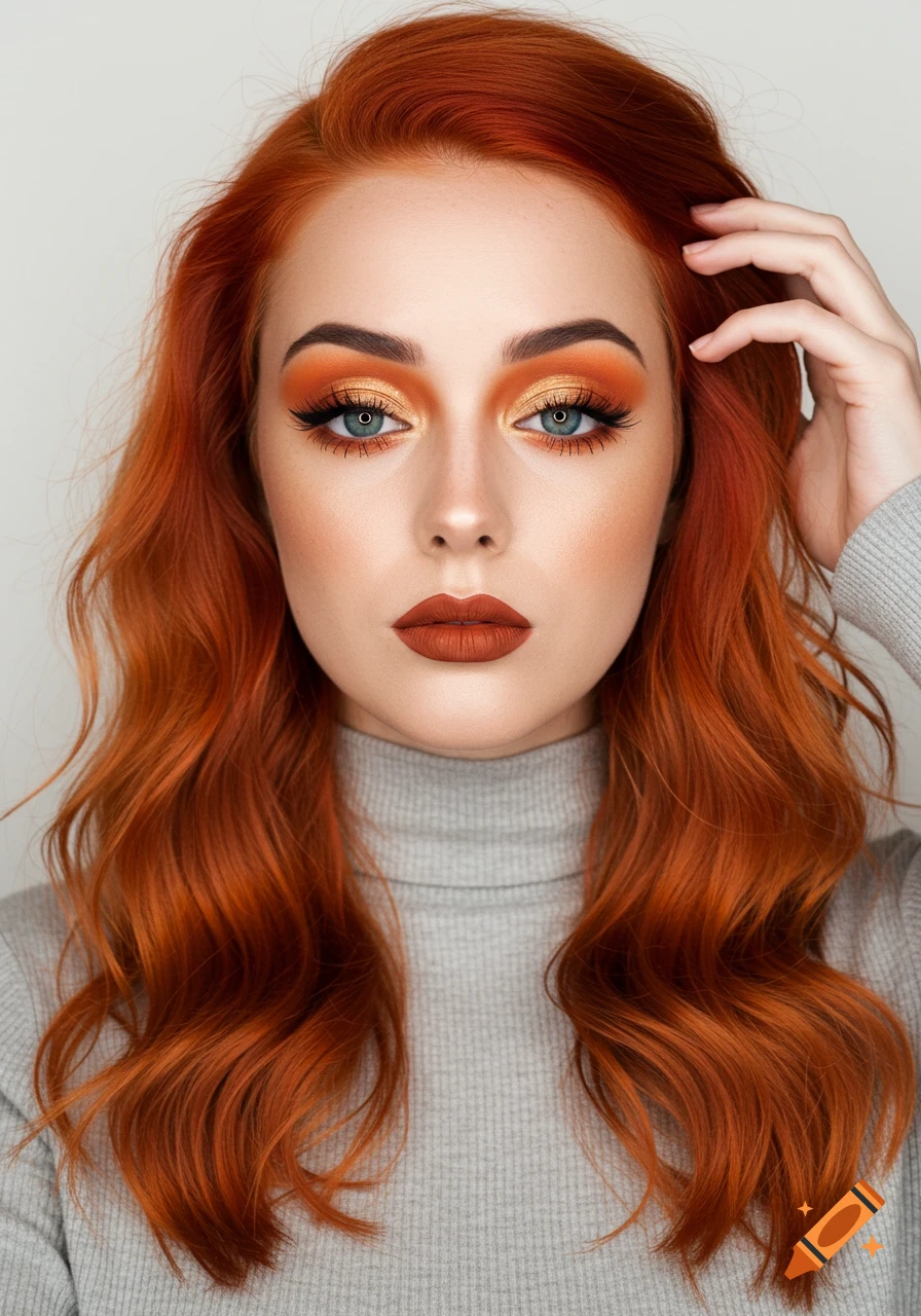 Close-up photorealistic portrait of a woman with orange hair and ...