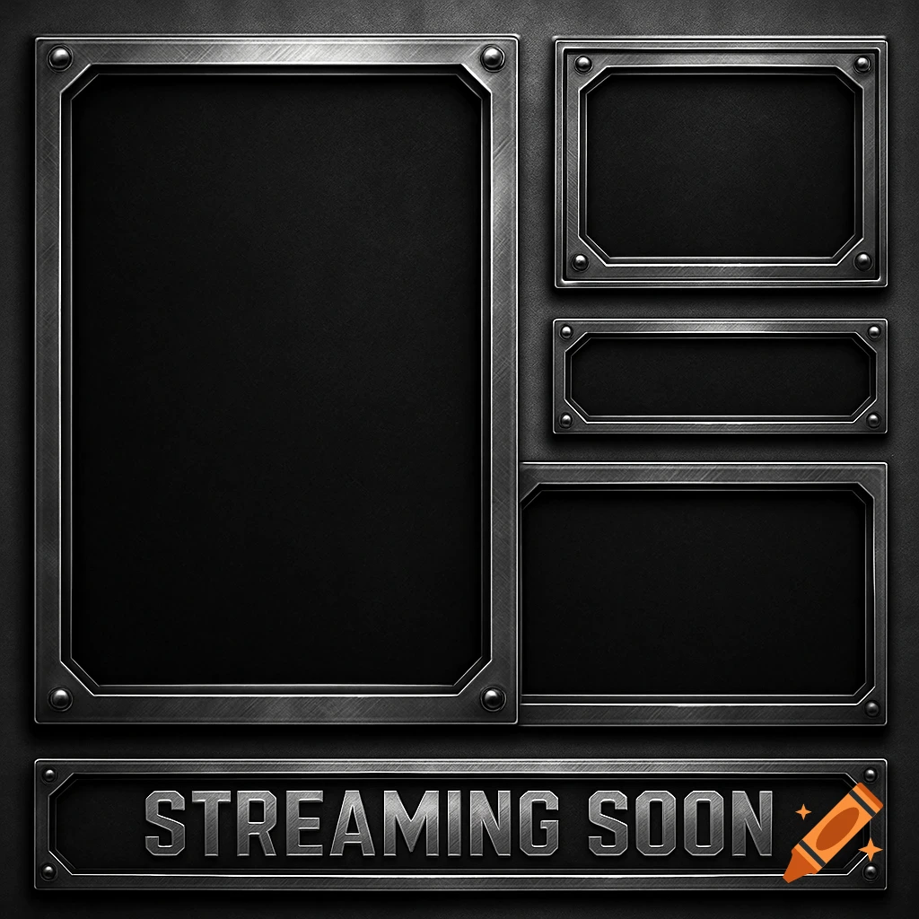 Dark metallic streaming layout with multiple frames and 'STREAMING SOON ...
