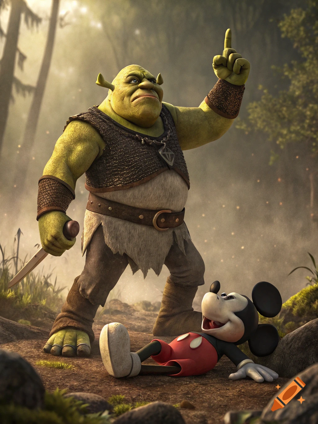 Shrek stands victorious over a fallen Mickey Mouse in a forest clearing ...