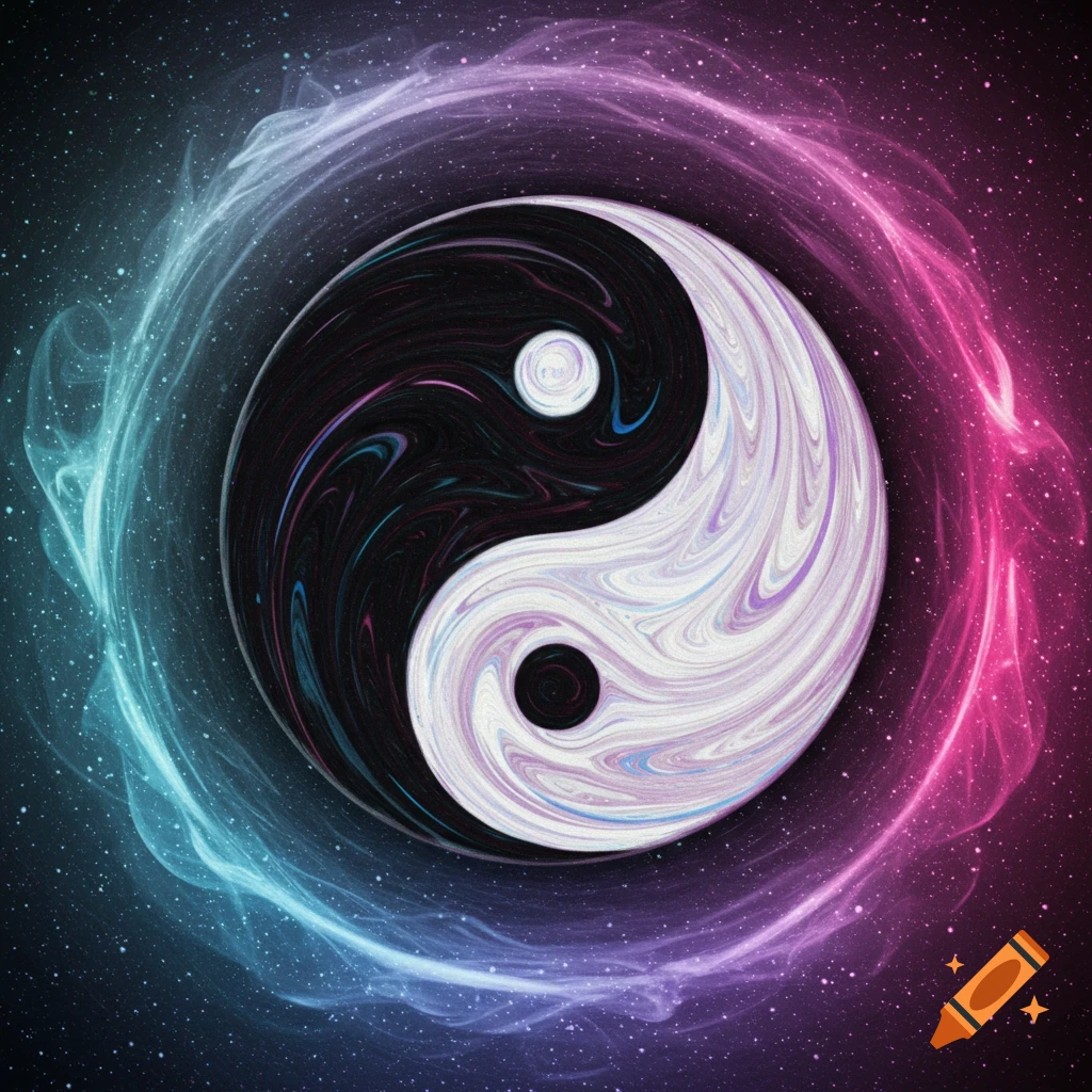 Yin Yang symbol surrounded by blue, purple, and pink nebula in space. on Craiyon