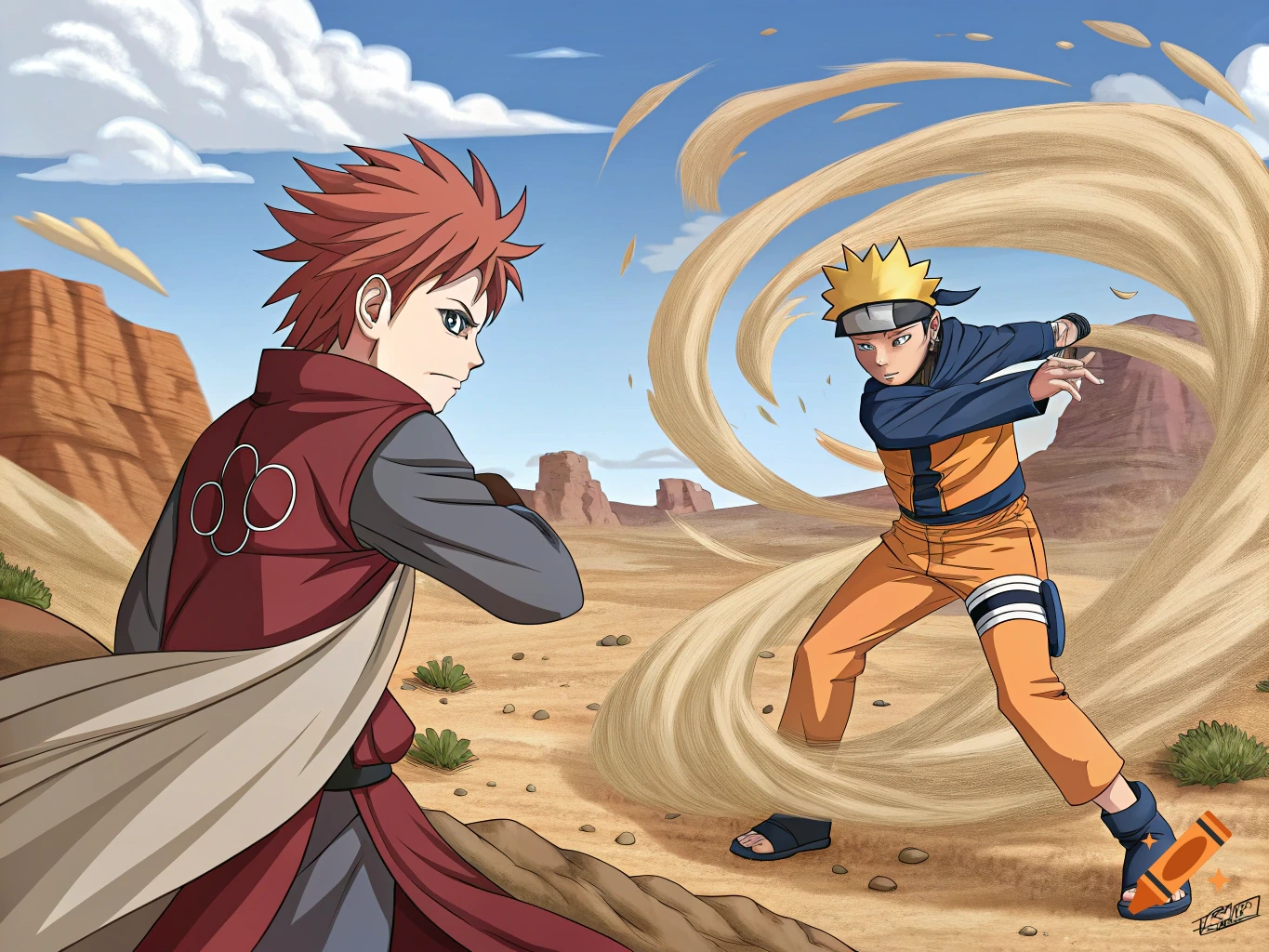 Anime style illustration of Naruto and Gaara fighting in a desert ...