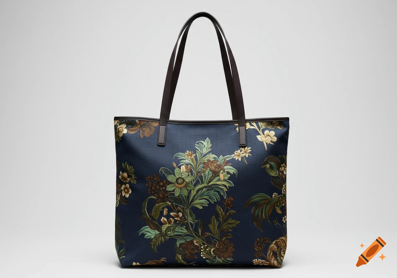 Formal dark blue tote bag with a detailed brown and green floral print ...