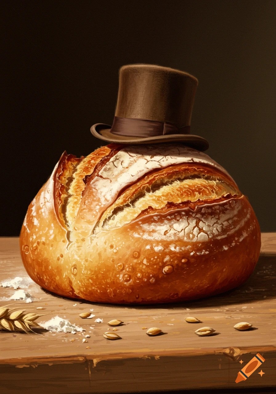 A loaf of bread wearing a top hat sits on a wooden table. on Craiyon