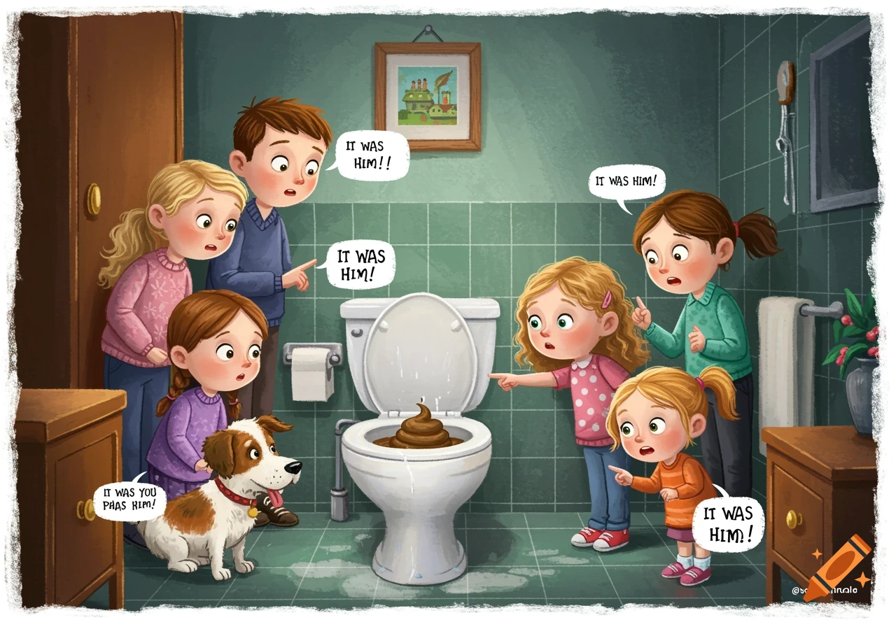 Cartoon illustration of a family and dog pointing at poop in a toilet ...