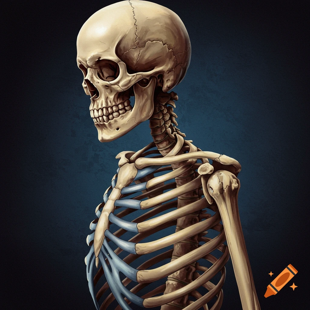 Illustration of a human skeleton from the shoulders up. on Craiyon