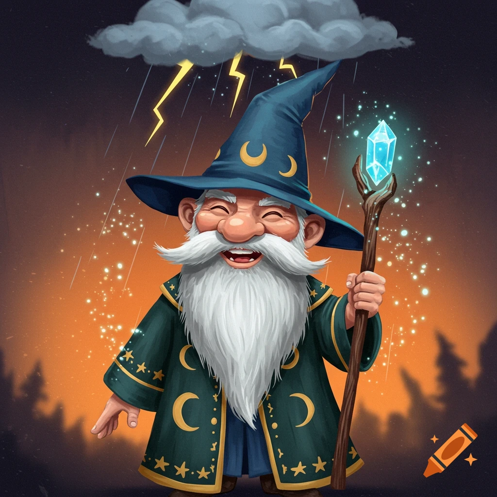 A cheerful gnome wizard holds a glowing staff under a stormy rain cloud ...