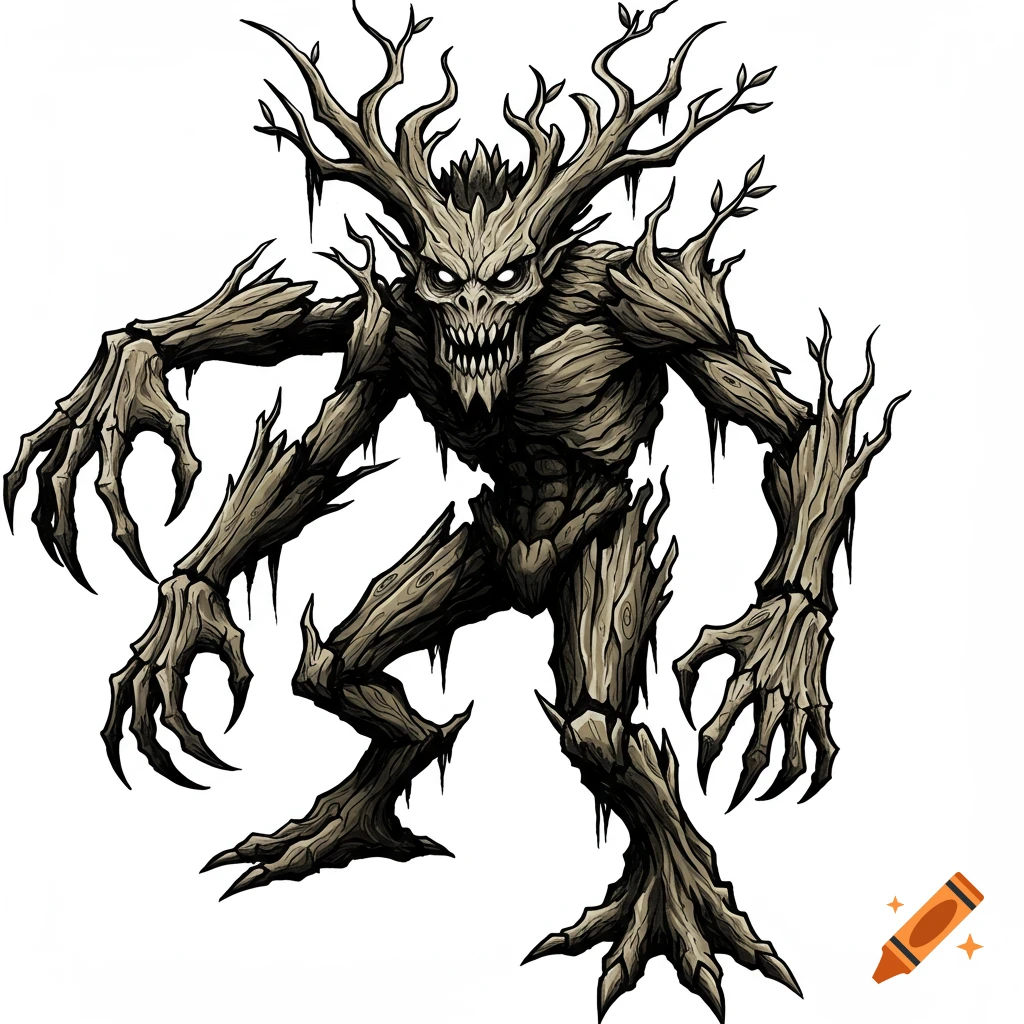 Stylized illustration of a terrifying forest monster made of wood with ...