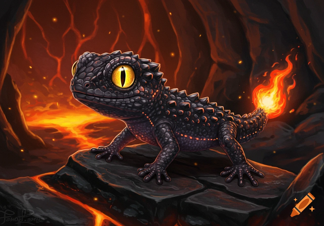 A stylized fire lizard with glowing scales and a flaming tail tip sits ...