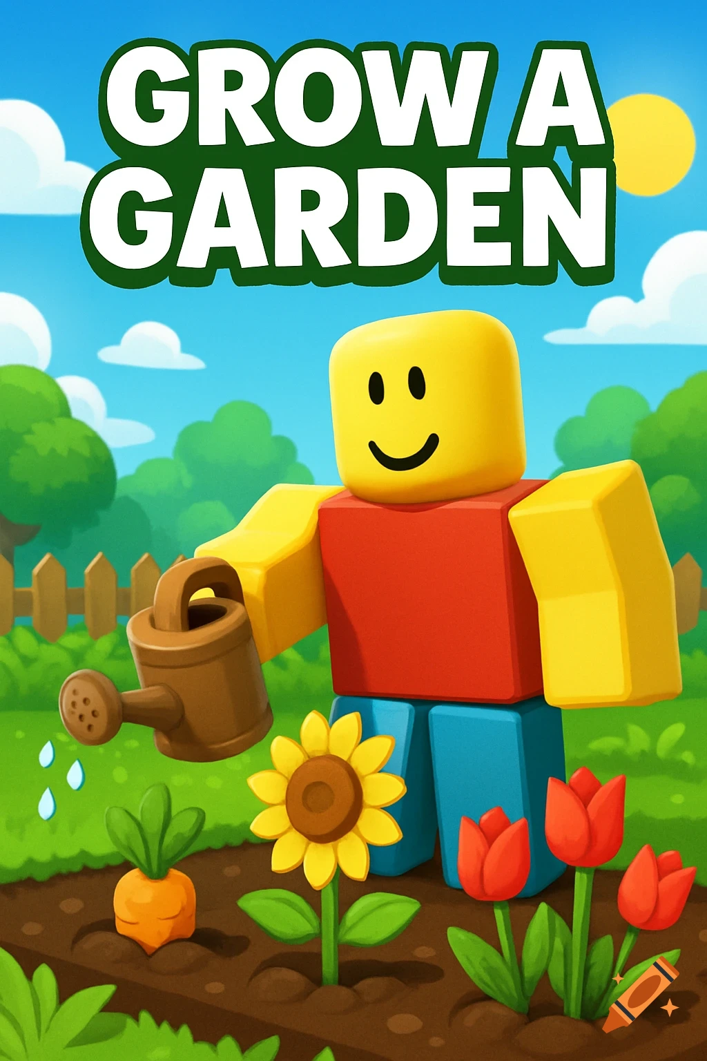 Cartoon image of a blocky character watering a garden, with text 'GROW ...