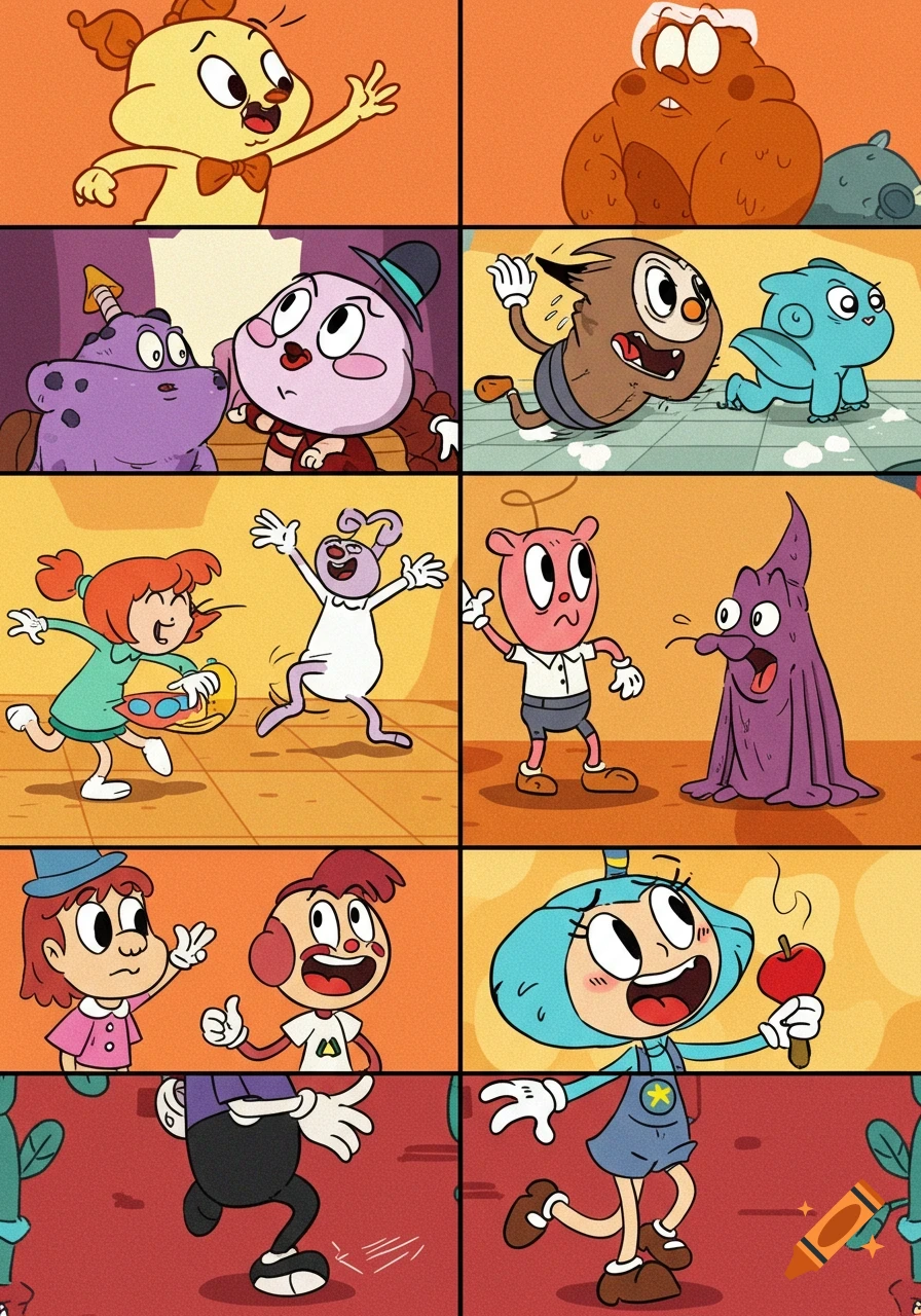 Multiple panels showing various colorful cartoon characters in ...