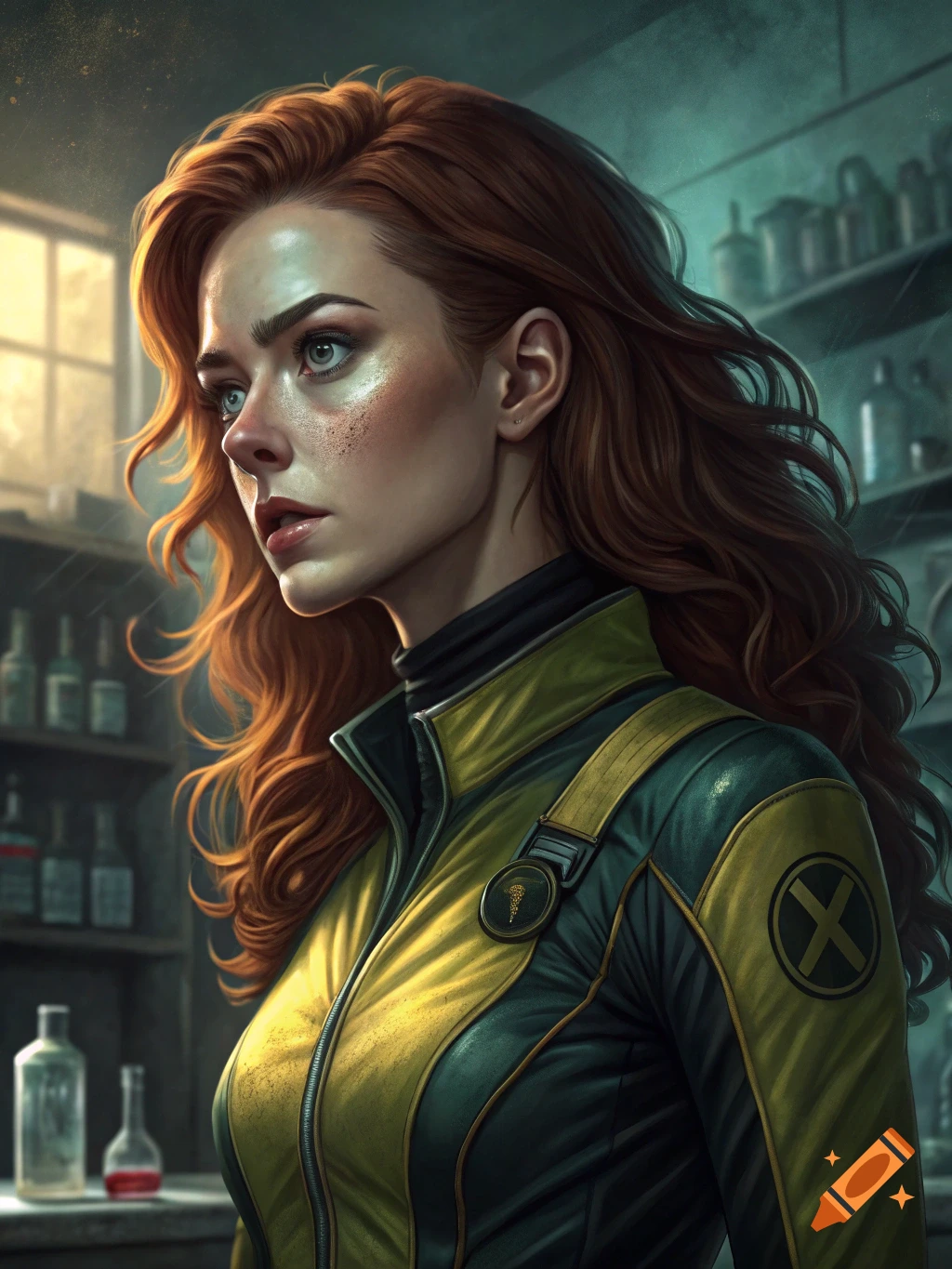 A woman with red hair wearing a yellow and black superhero suit in a ...