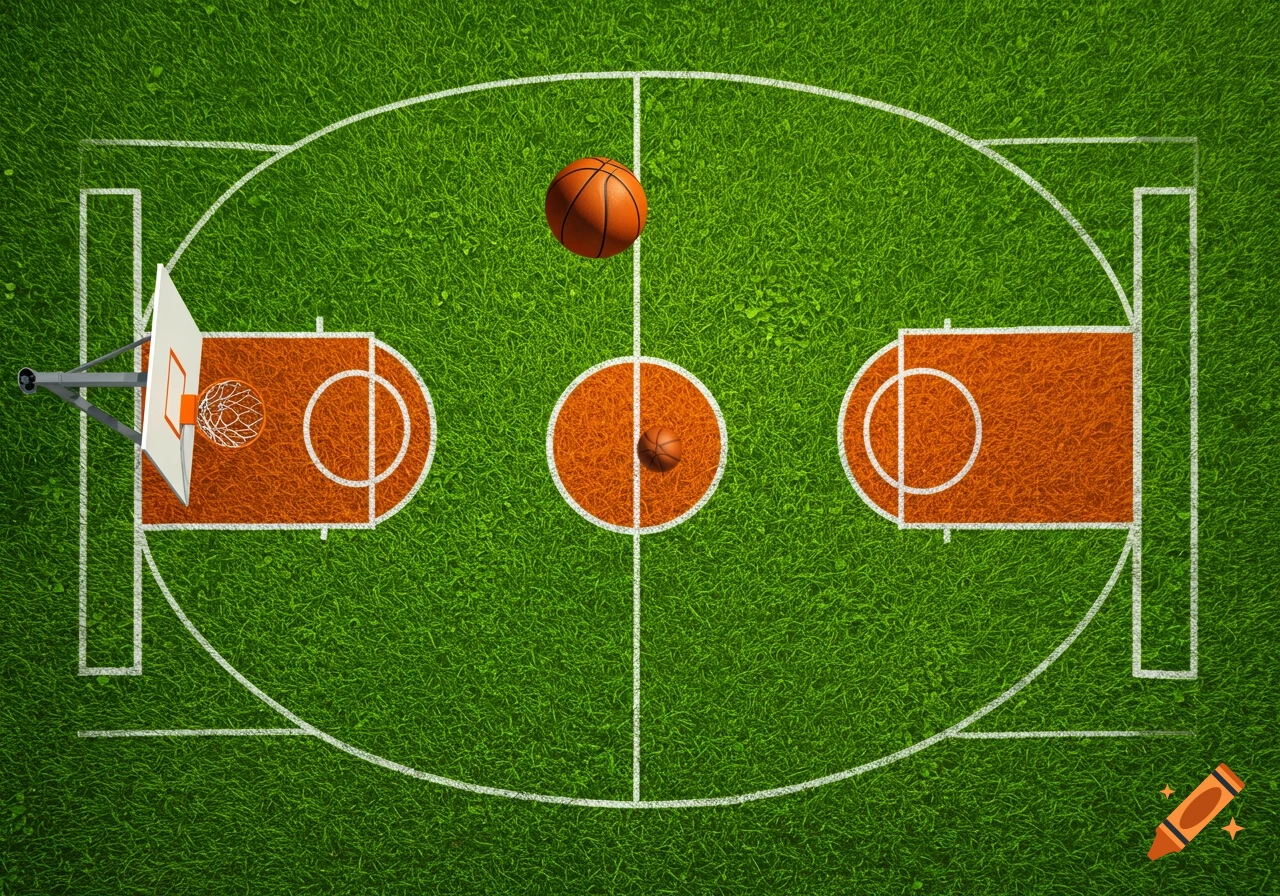 Overhead view of a basketball court drawn on grass with basketballs. on ...