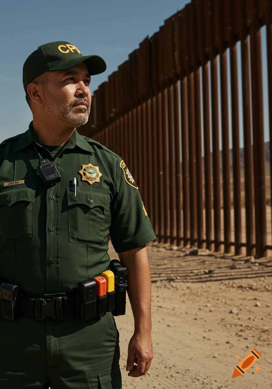 Photorealistic image of a CBP officer standing near a border wall. on ...