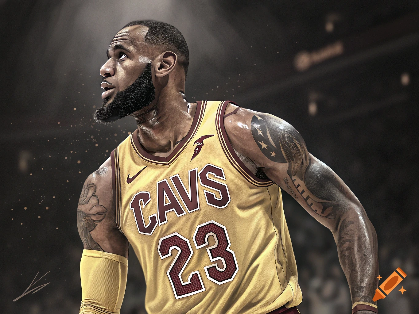 Photorealistic portrait of LeBron James in a yellow Cleveland Cavaliers ...