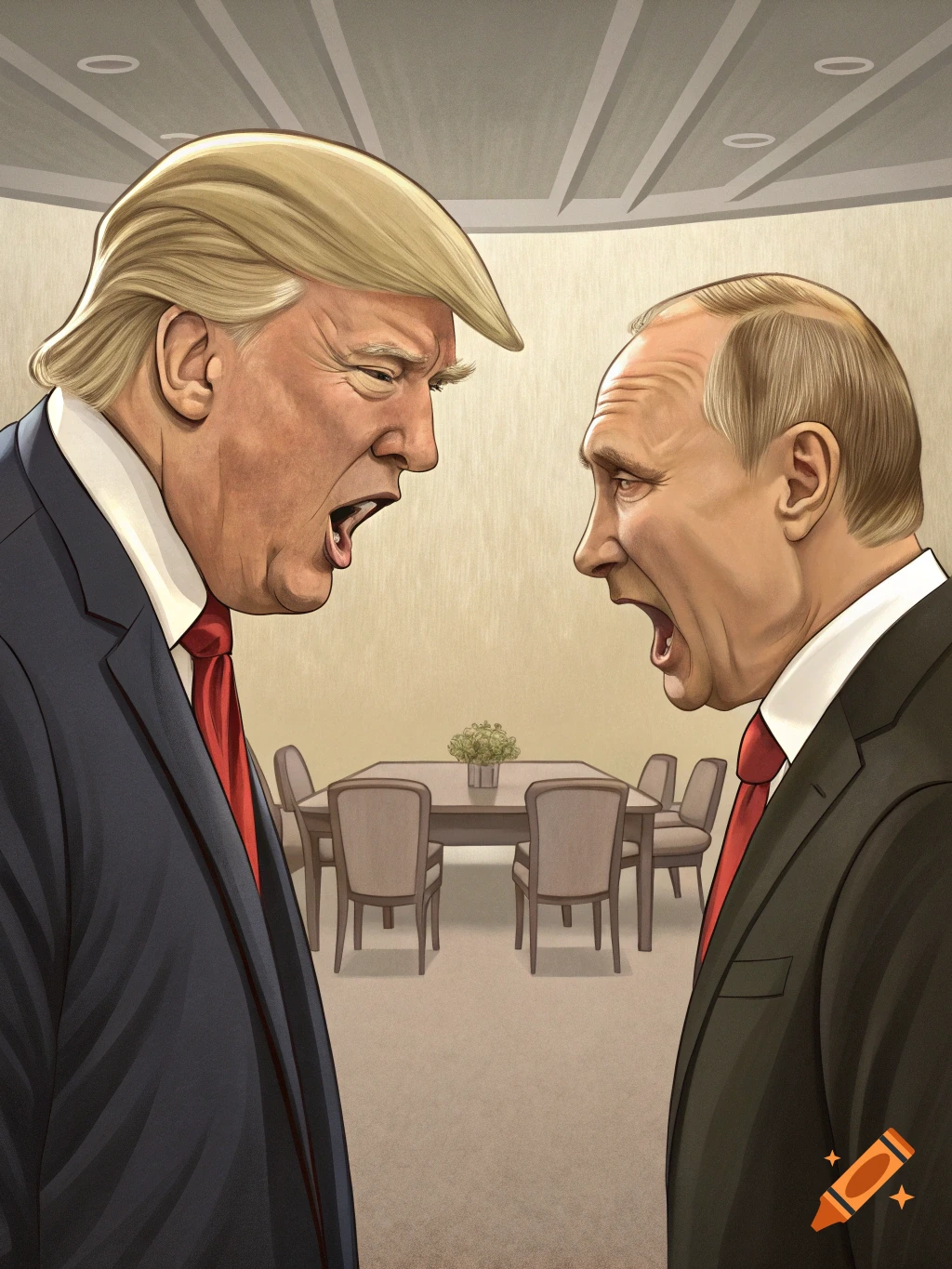 Cartoon illustration of Donald Trump and Vladimir Putin yelling at each ...