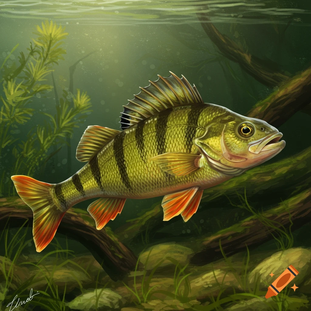 A realistic illustration of a perch fish swimming underwater among ...