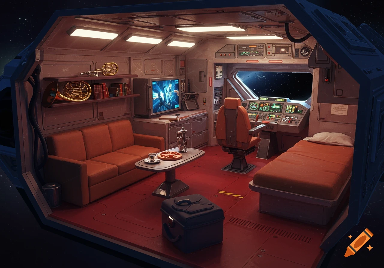 A cozy interior view of a spaceship cabin with a couch, bed ...
