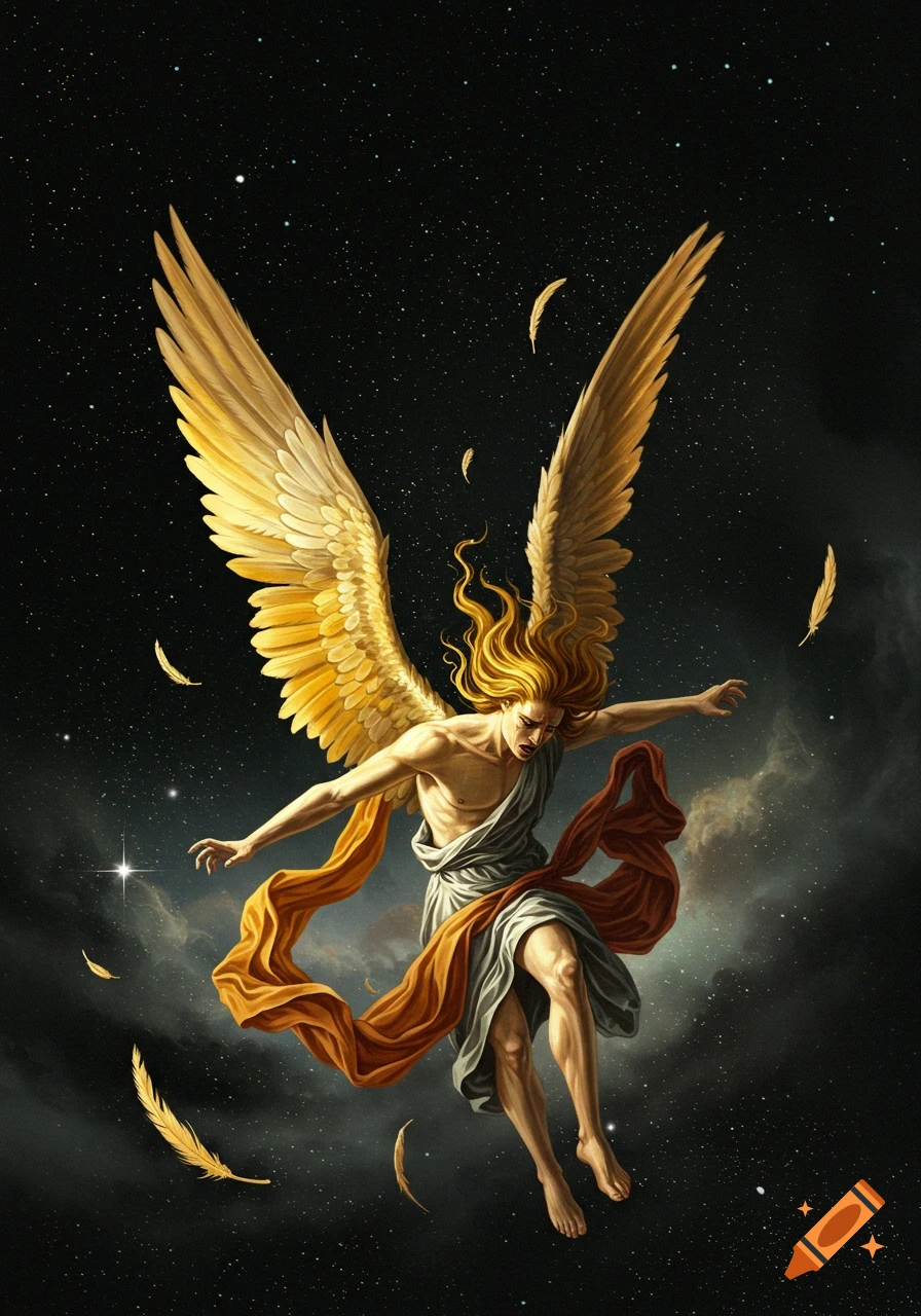 Renaissance style painting of a male angel with golden wings falling ...