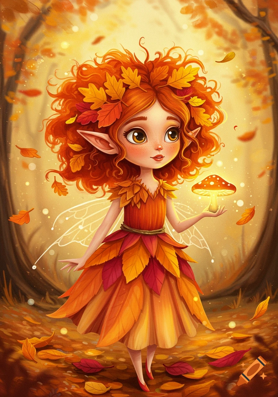 Cute autumn fairy in a forest holding a glowing mushroom, illustration ...