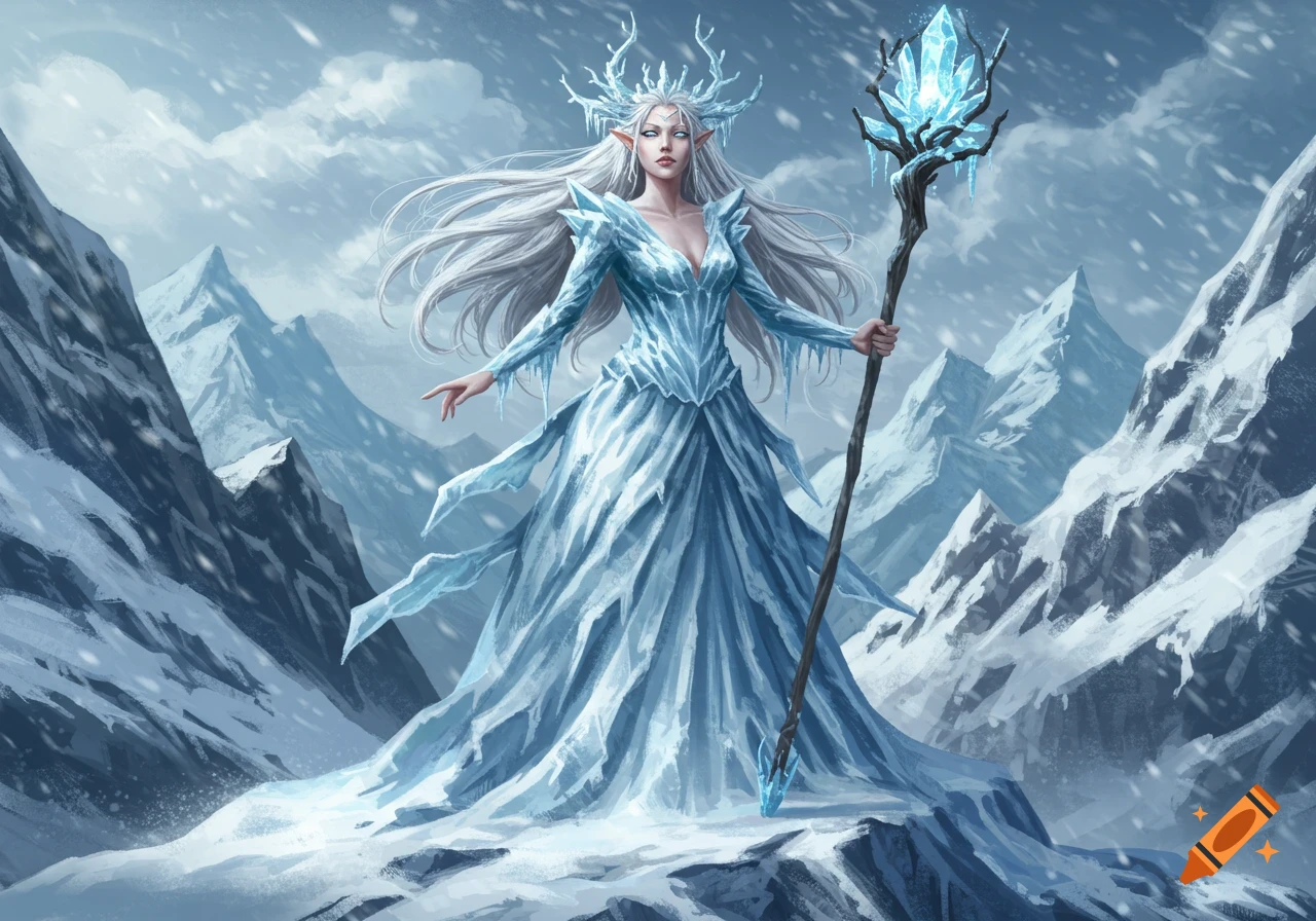 Fantasy illustration of an ice goddess in a crystal dress holding a ...