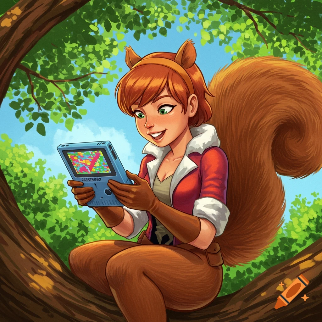 Cartoon of Squirrel Girl playing a handheld video game while sitting on ...