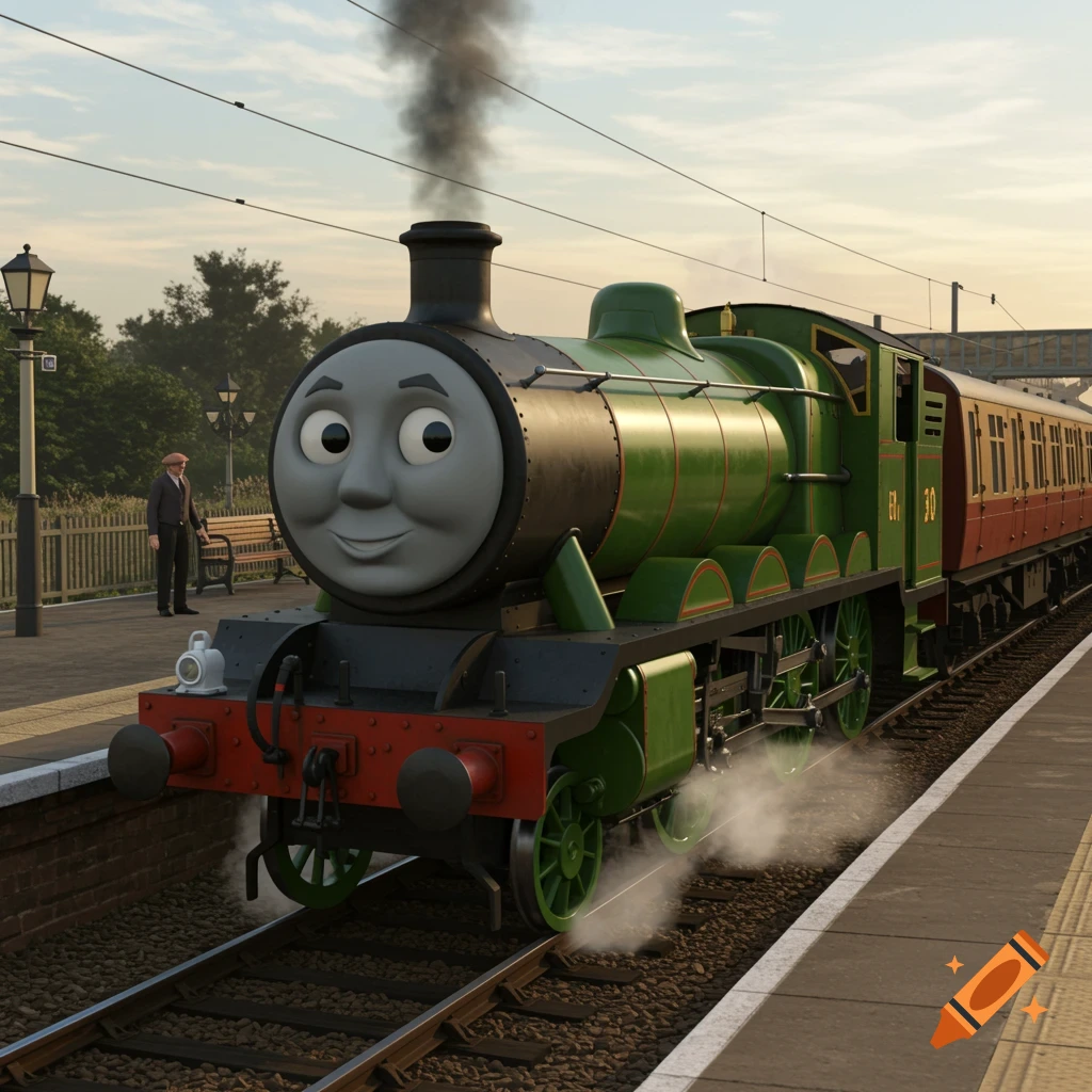 A green steam train character with a smiling face stands at a station ...