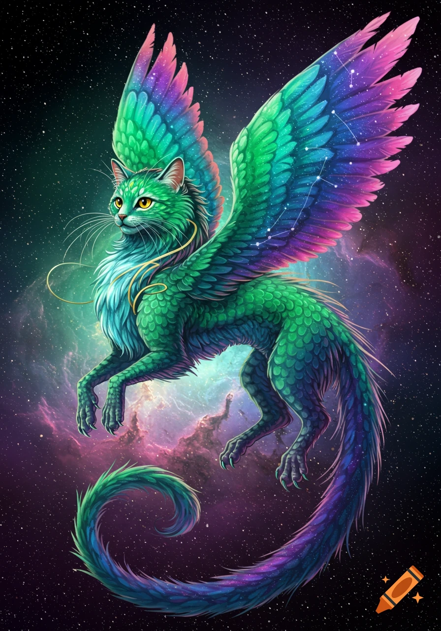 A winged cat creature with scales flies through space, set against a ...